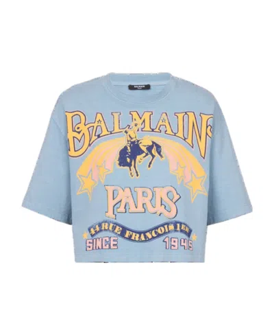 Balmain Western Logo Crop Graphic T-shirt In Blue | ModeSens