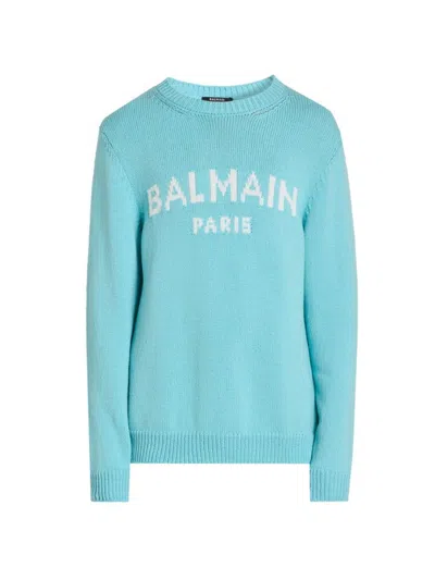 Balmain Men's Logo Wool-blend Sweater In Sky Blue White | ModeSens