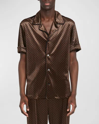 Balmain Men's Mini Monogram Velvet Camp Shirt In Brown | ModeSens