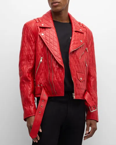 Balmain Men's Quilted Lambskin Biker Jacket In Red | ModeSens