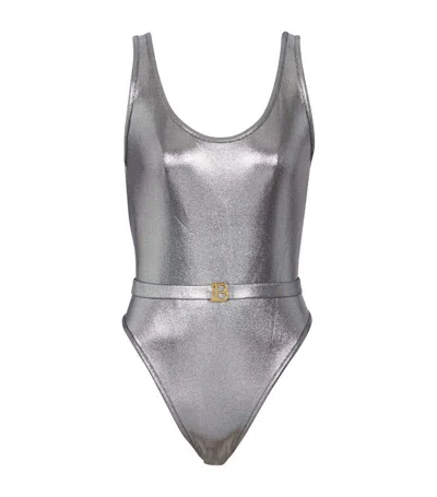 Balmain Belted Metallic-finish Swimsuit In Gray | ModeSens