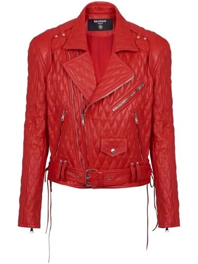 Balmain Quilted Leather Biker Jacket In Red | ModeSens