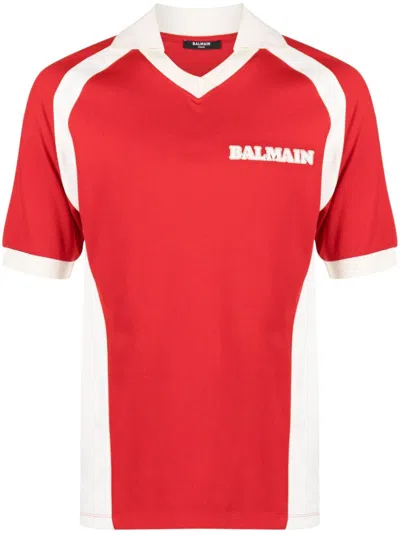 Balmain Retro Logo Print Polo Shirt In Red | ModeSens