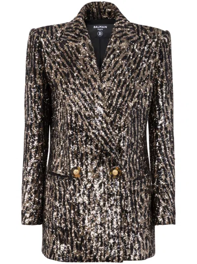 Balmain Glitter Double-breasted Blazer Jacket In Gold | ModeSens