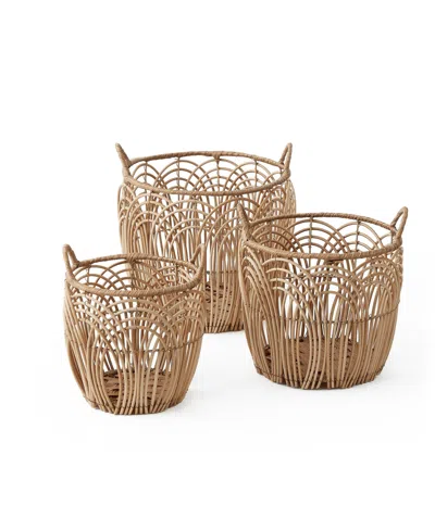Baum 3 Piece Round Faux Wicker Weave Set With Ear Handles In Natural ...