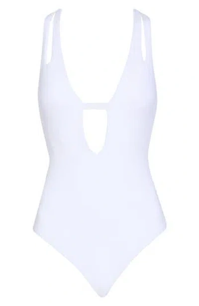 Becca Deep V-neck Teardrop One-piece Swimsuit In White | ModeSens