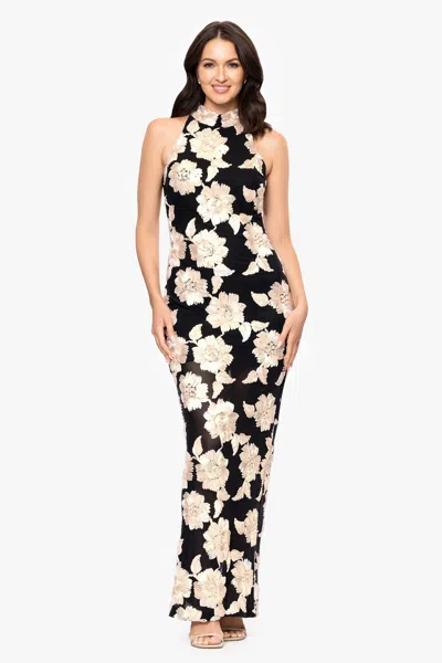 Betsy & Adam Petite "camielle" 3d Flower Embellished Mock Neck Floor ...