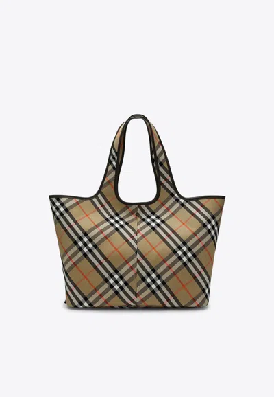 Burberry Medium Checked Tote Bag In Beige | ModeSens