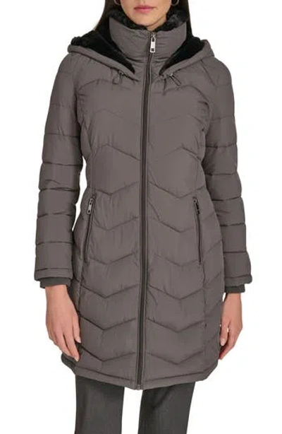 Calvin Klein Matte Stretch Hooded Chevron Quilted Jacket In Titanium ...