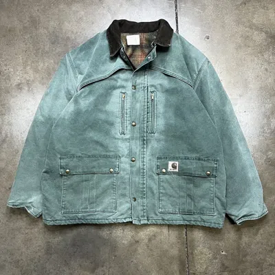 Pre-owned Carhartt X Made In Usa Vintage 90's Carhartt Blanket Lined Chore Jacket Faded In Teal ...
