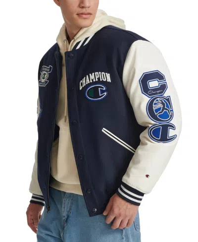 Champion Men's Logo-patch Mixed-media Varsity Jacket In Navy,white ...