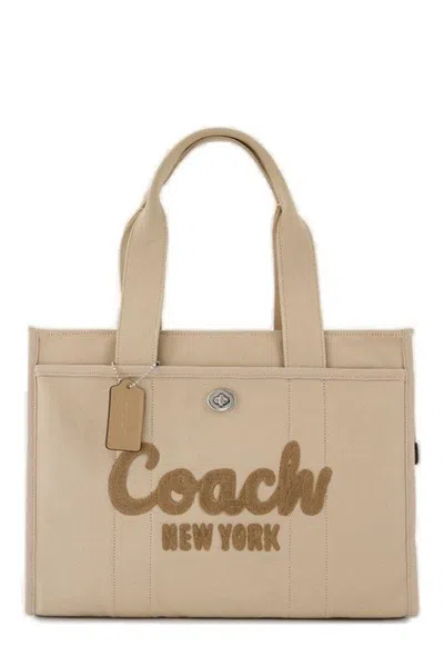 Coach Logo Flocked Tote Bag In Beige | ModeSens
