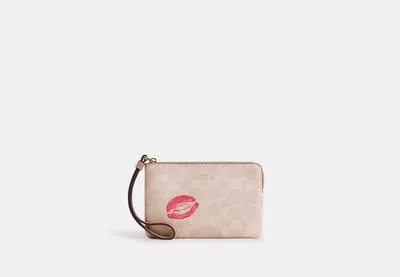 Coach Outlet Corner Zip Wristlet In Signature Canvas With Lips Print In ...