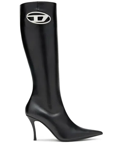 Diesel D-venus-leather Boots With Oval D Plaque In Nero | ModeSens