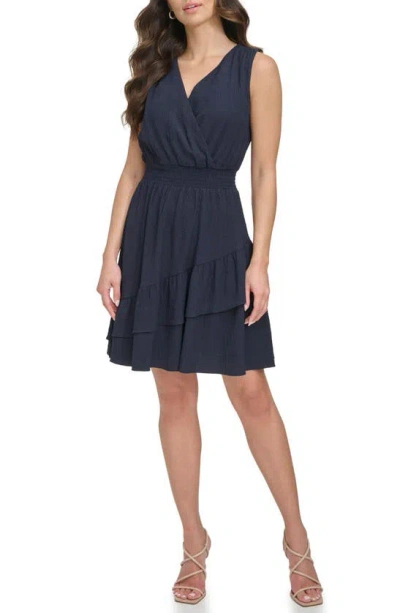 Dkny Smock Waist Ruffle Detail Sleeveless Dress In Spring Navy | ModeSens