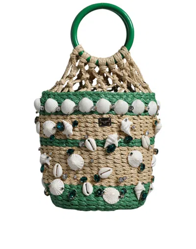 Dolce & Gabbana Beige Green Rafia Seashells Crystal Bucket Bag | ModeSens