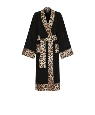Dolce & Gabbana Leopard Print-trim Bathrobe In Black | ModeSens