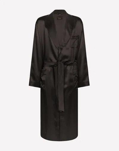 Dolce & Gabbana Silk Satin Robe With Metal Dg Logo In Black | ModeSens