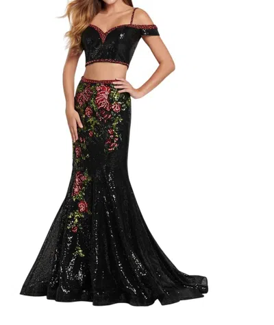 Ellie Wilde 2 Piece Embellished Sequin Floral Prom Dress In Black/multi ...