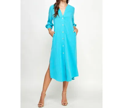 Ellison V-neck Button Down Linen Dress In Blue | ModeSens