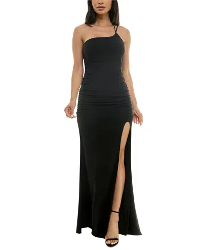 Emerald Sundae Juniors' One-shoulder Side-slit Gown In Black | ModeSens