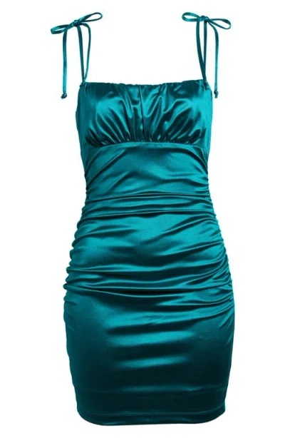 Emerald Sundae Lnl Tie Shoulder Ruched Satin Minidress In Jade | ModeSens
