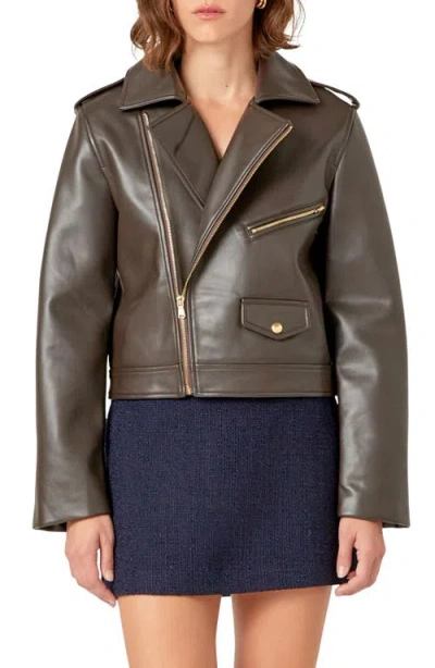 English Factory Faux Leather Biker Jacket In Dark Brown | ModeSens