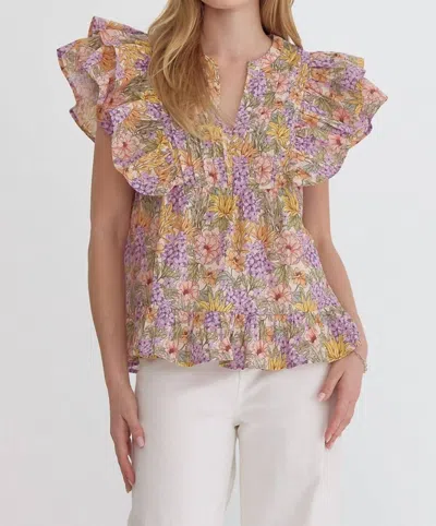 Entro Ruffle Sleeve Top In Lavender Floral In Multi | ModeSens