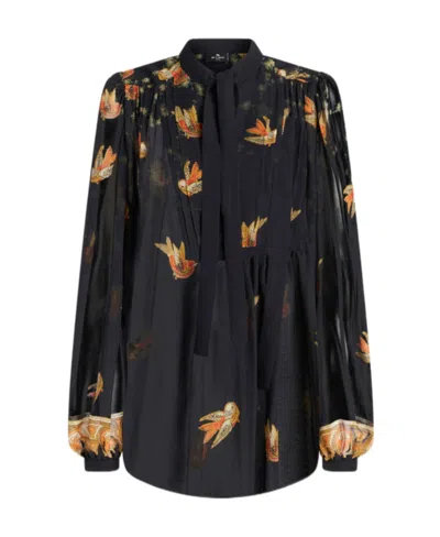 Etro Bird-print Silk Blouse In Black | ModeSens