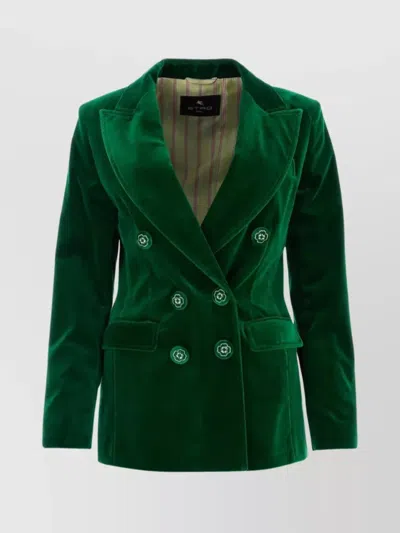 Etro Velvet Blazer With Back Slit And Front Pockets In Green | ModeSens