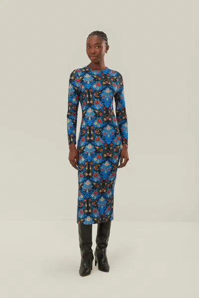 Farm Rio Blue Arabesque Floral Jersey Lenzing Ecovero Midi Dress In ...