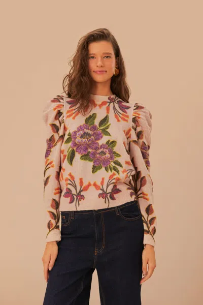 Farm Rio Cream Winter Garden Knit Sweater In Gold | ModeSens