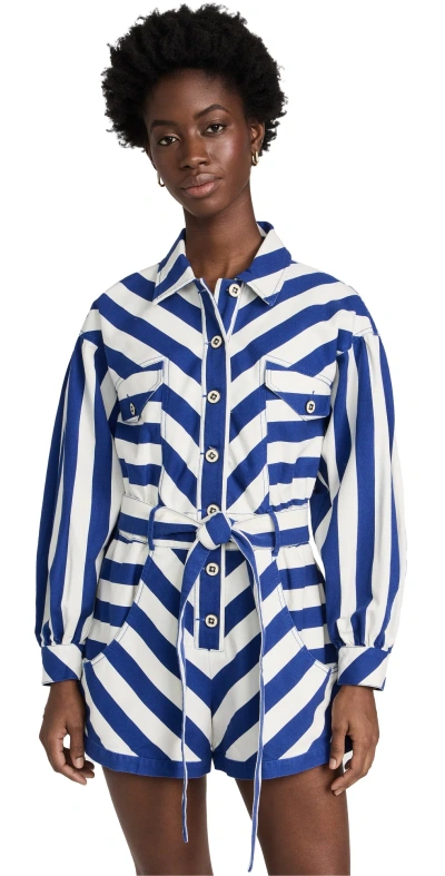 Farm Rio Blue And White Stripe Shorts Jumpsuit Blue And White | ModeSens