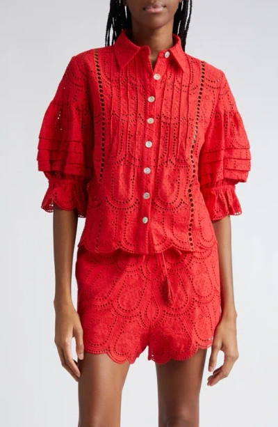 Farm Rio Pineapple Eyelet Cotton Button-up Shirt In Red | ModeSens