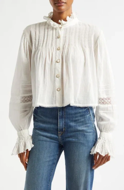 Farm Rio Pleated Lace Trim Button Up Top In Off-white | ModeSens