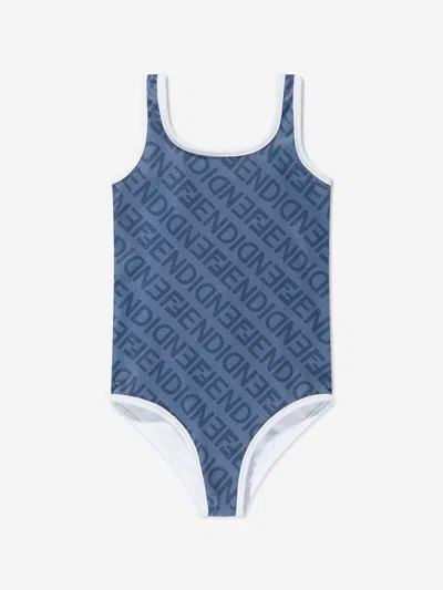 Fendi Kids' Girls Logo Swimmimg Costume In Blue | ModeSens