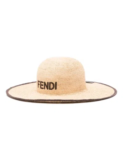 Fendi Logo-embroidered Raffia Hat In Brown | ModeSens