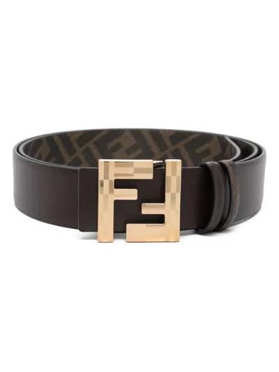 Fendi Men Leather And Ff Canvas Reversible Belt In Brown | ModeSens