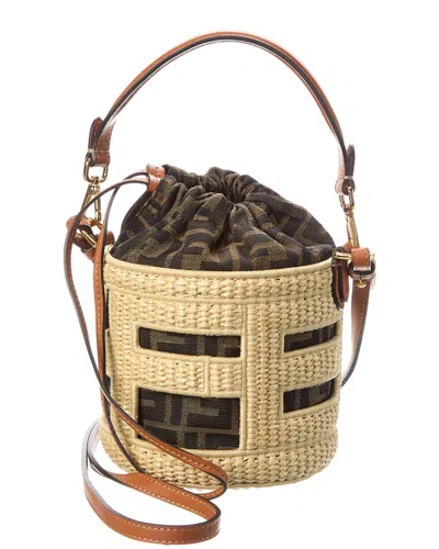 Fendi Mini Raffia & Leather Bucket Bag In Brown | ModeSens