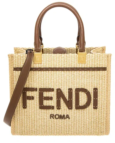 Fendi Sunshine Small Raffia & Leather Tote In Brown | ModeSens