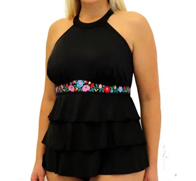 Fit 4 U Plus Size Embroidered Triple Tiered High Neck Tankini Top In ...