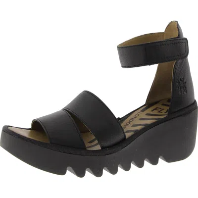 Fly London Bono Black Tumbled Leather Low Wedge Sandals In Black Fabric ...