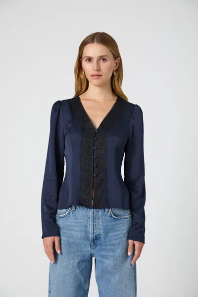 French Connection Ennis Satin Lace V-neck Blouse Tops In Navy | ModeSens