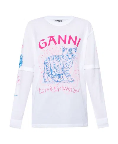 Ganni Cat-print Organic Cotton T-shirt In White | ModeSens