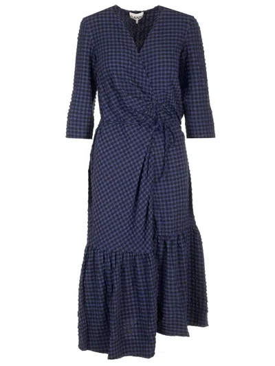 Ganni Checkered Seersucker Gathered Midi Wrap Dress In Blue | ModeSens