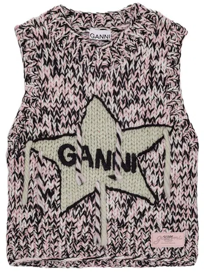 Ganni Logo Wool Vest In Pink | ModeSens