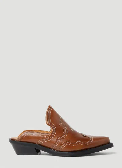 Ganni Women Embroidered Western Mules In Brown | ModeSens