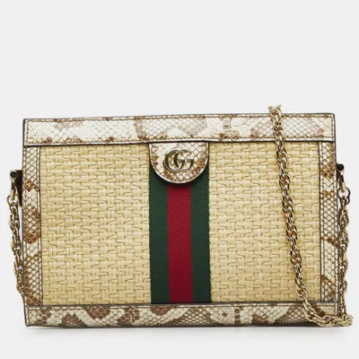 Pre-owned Gucci Brown Raffia And Python Trim Leather Ophidia Shoulder ...