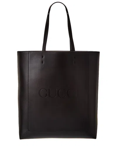 Gucci Logo Embossed Leather Tote In Black | ModeSens