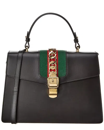 Gucci Sylvie Medium Top Handle Leather Satchel In Black | ModeSens